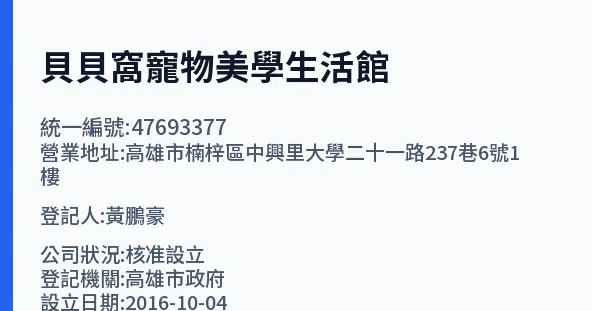 貝貝窩寵物美學生活館的照片-統編 47693377(高雄市) 公司登記資料與營業項目詳細圖表