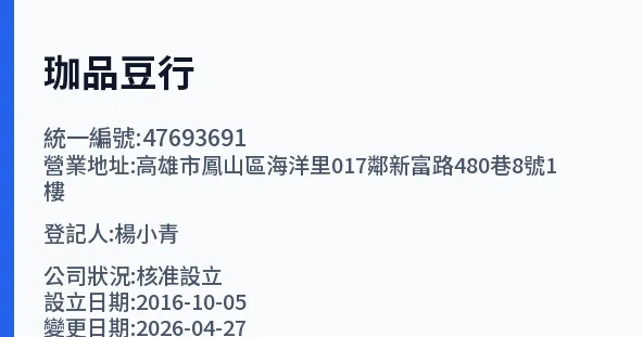珈品豆行的照片-統編 47693691(高雄市) 公司登記資料與營業項目詳細圖表