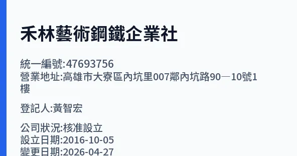禾林藝術鋼鐵企業社的照片-統編 47693756(高雄市) 公司登記資料與營業項目詳細圖表