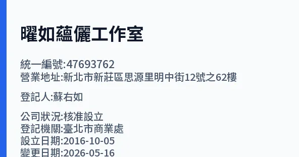 曜如蘊儷工作室的照片-統編 47693762(新北市) 公司登記資料與營業項目詳細圖表