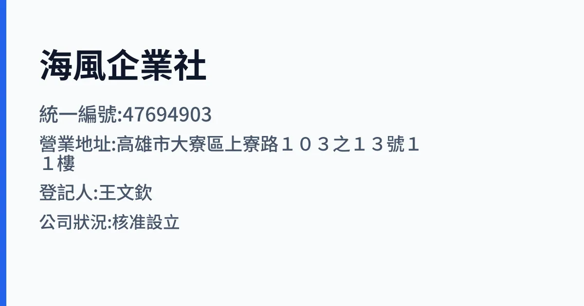 海風企業社 - 統編 47694903(高雄市) 公司登記資料與營業項目詳細圖表