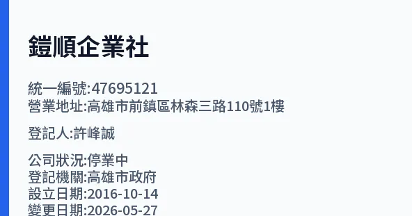 鎧順企業社的照片-統編 47695121(高雄市) 公司登記資料與營業項目詳細圖表