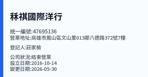 秝祺國際洋行的照片-統編 47695136(高雄市) 公司登記資料與營業項目詳細圖表