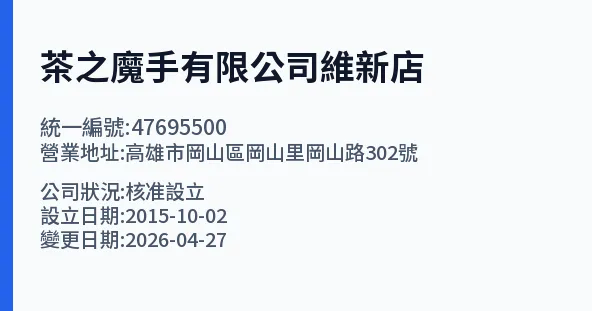 茶之魔手有限公司維新店的照片-統編 47695500(高雄市) 公司登記資料與營業項目詳細圖表