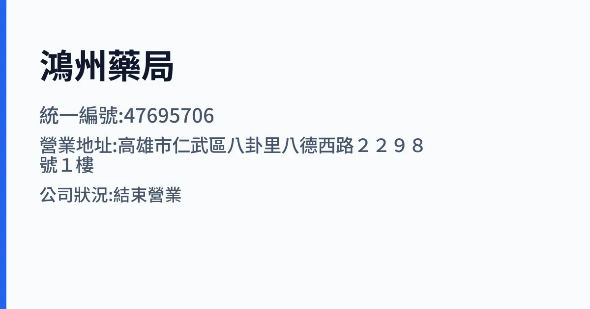 鴻州藥局 - 統編 47695706(高雄市) 公司登記資料與營業項目詳細圖表