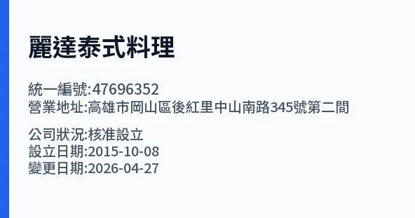 麗達泰式料理的照片-統編 47696352(高雄市) 公司登記資料與營業項目詳細圖表
