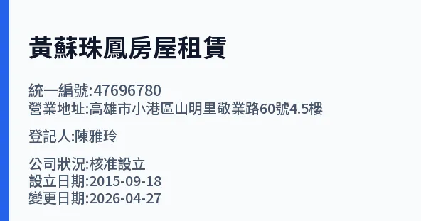 黃蘇珠鳳房屋租賃的照片-統編 47696780(高雄市) 公司登記資料與營業項目詳細圖表