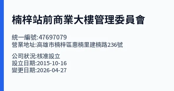 楠梓站前商業大樓管理委員會的照片-統編 47697079(高雄市) 公司登記資料與營業項目詳細圖表