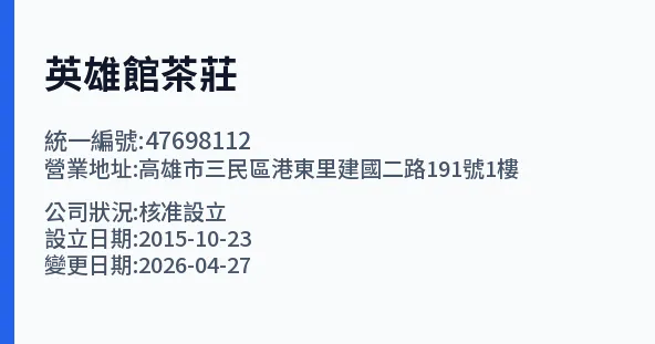 英雄館茶莊的照片-統編 47698112(高雄市) 公司登記資料與營業項目詳細圖表