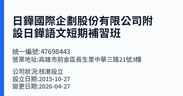 日鏵國際企劃股份有限公司附設日鏵語文短期補習班的照片-統編 47698443(高雄市) 公司登記資料與營業項目詳細圖表