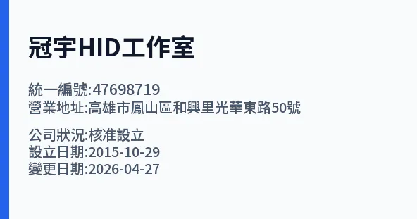 冠宇HID工作室的照片-統編 47698719(高雄市) 公司登記資料與營業項目詳細圖表
