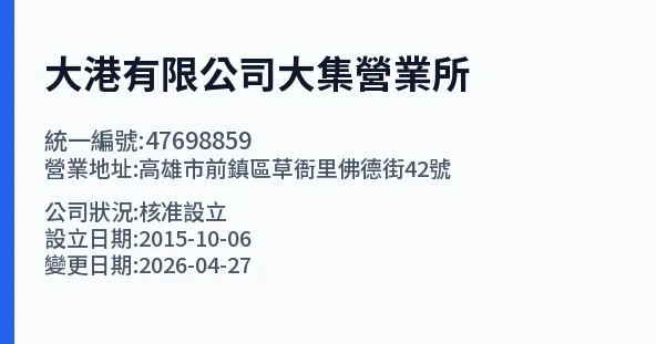 大港有限公司大集營業所的照片-統編 47698859(高雄市) 公司登記資料與營業項目詳細圖表