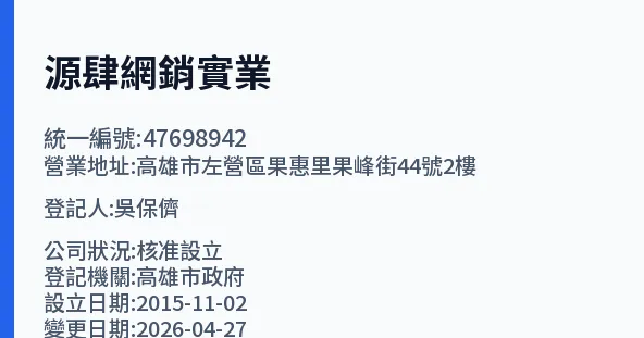 源肆網銷實業的照片-統編 47698942(高雄市) 公司登記資料與營業項目詳細圖表