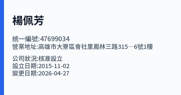 楊佩芳的照片-統編 47699034(高雄市) 公司登記資料與營業項目詳細圖表