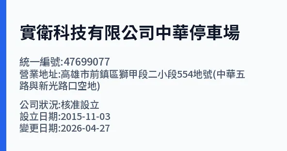 實衛科技有限公司中華停車場的照片-統編 47699077(高雄市) 公司登記資料與營業項目詳細圖表