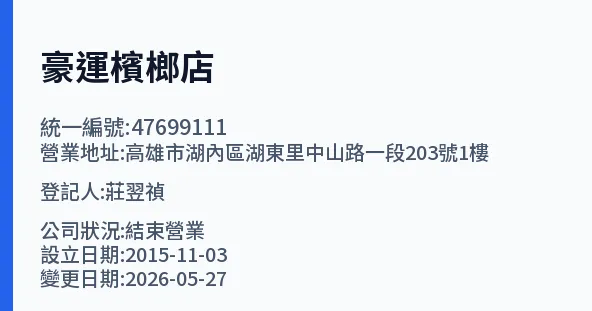 豪運檳榔店的照片-統編 47699111(高雄市) 公司登記資料與營業項目詳細圖表