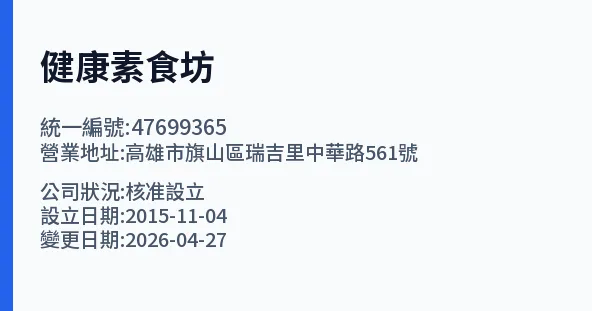 健康素食坊的照片-統編 47699365(高雄市) 公司登記資料與營業項目詳細圖表