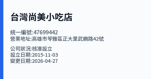 台灣尚美小吃店的照片-統編 47699442(高雄市) 公司登記資料與營業項目詳細圖表