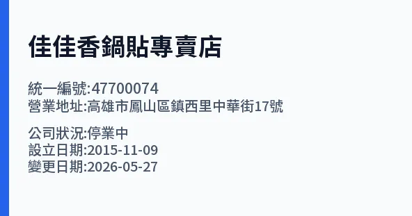 佳佳香鍋貼專賣店的照片-統編 47700074(高雄市) 公司登記資料與營業項目詳細圖表