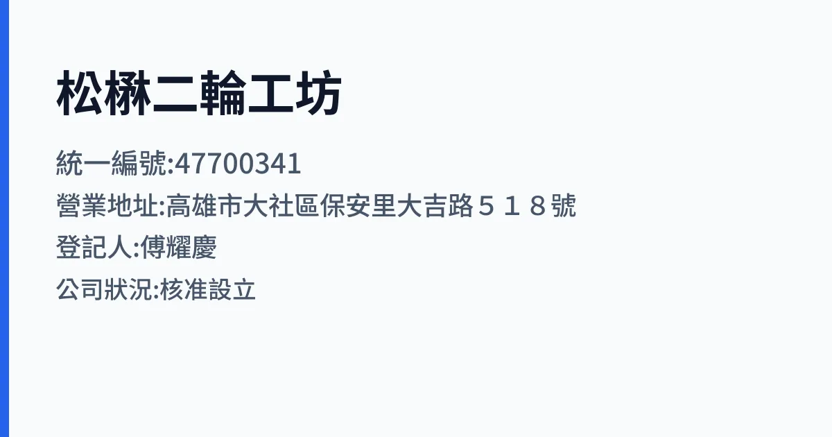 松楙二輪工坊 - 統編 47700341(高雄市) 公司登記資料與營業項目詳細圖表