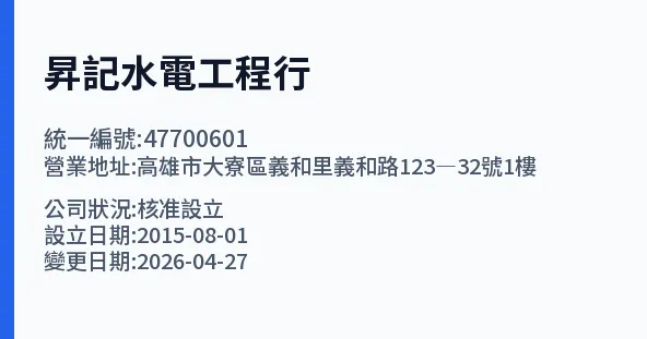 昇記水電工程行的照片-統編 47700601(高雄市) 公司登記資料與營業項目詳細圖表