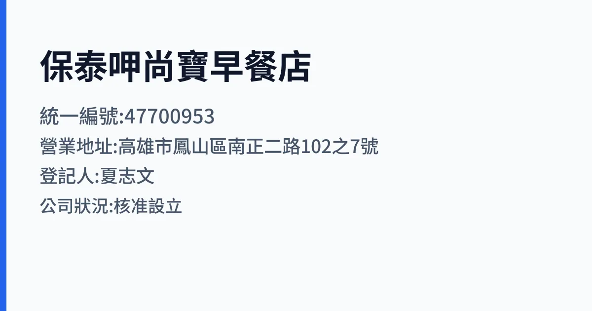保泰呷尚寶早餐店 - 統編 47700953(高雄市) 公司登記資料與營業項目詳細圖表