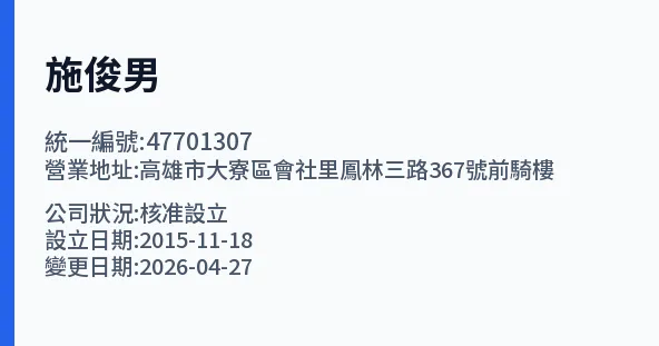 施俊男的照片-統編 47701307(高雄市) 公司登記資料與營業項目詳細圖表