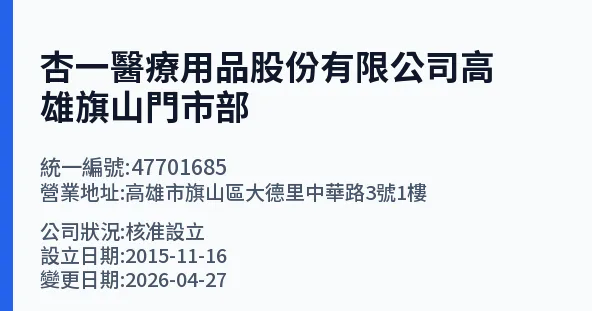 杏一醫療用品股份有限公司高雄旗山門市部的照片-統編 47701685(高雄市) 公司登記資料與營業項目詳細圖表