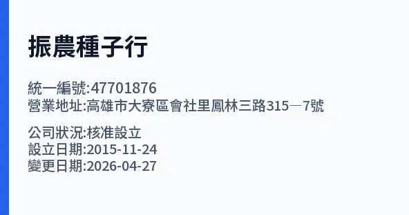 振農種子行的照片-統編 47701876(高雄市) 公司登記資料與營業項目詳細圖表
