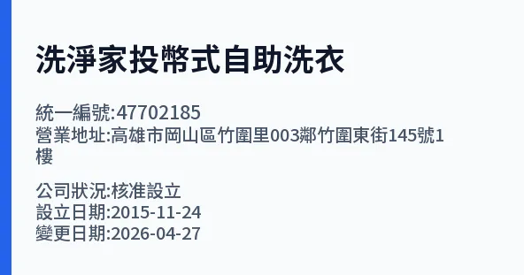 洗淨家投幣式自助洗衣的照片-統編 47702185(高雄市) 公司登記資料與營業項目詳細圖表