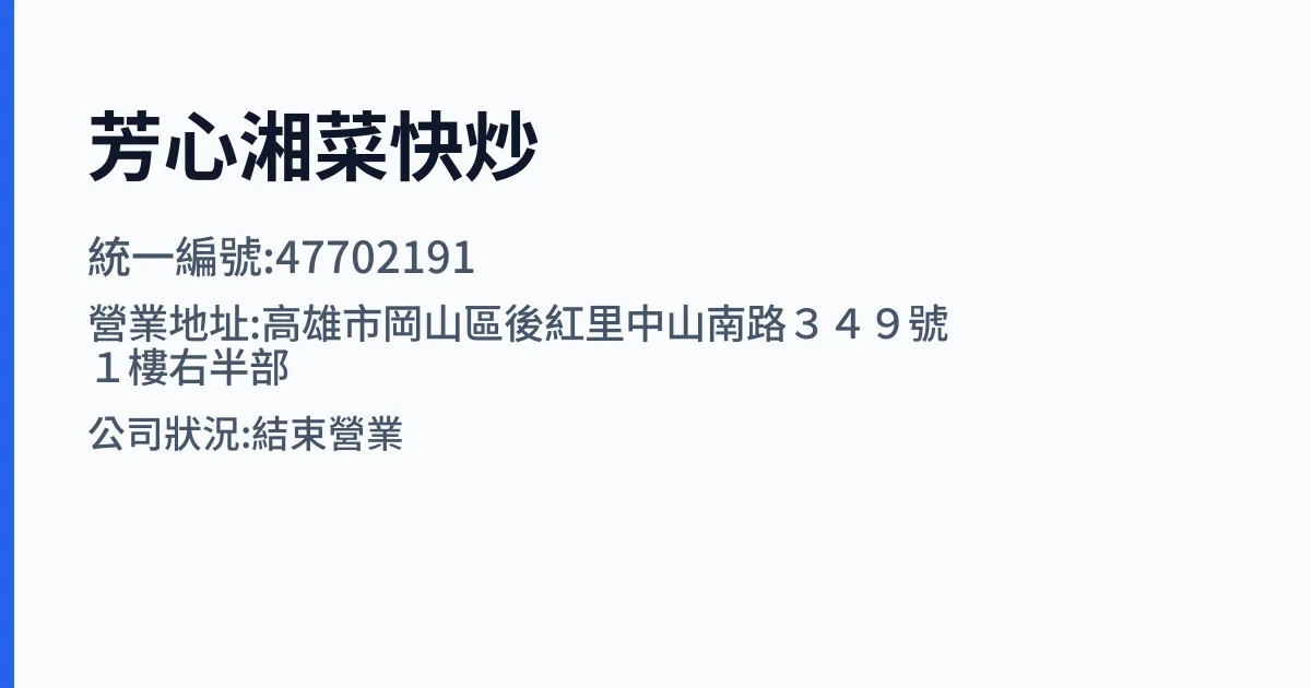 芳心湘菜快炒 - 統編 47702191(高雄市) 公司登記資料與營業項目詳細圖表