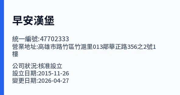 早安漢堡的照片-統編 47702333(高雄市) 公司登記資料與營業項目詳細圖表