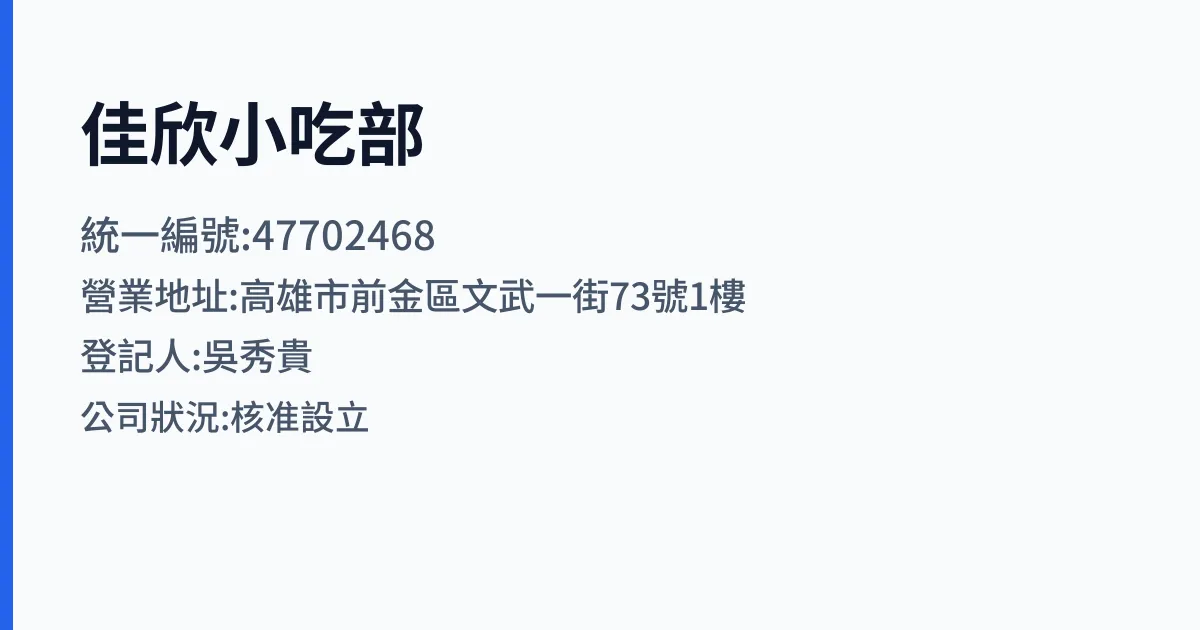 佳欣小吃部 - 統編 47702468(高雄市) 公司登記資料與營業項目詳細圖表