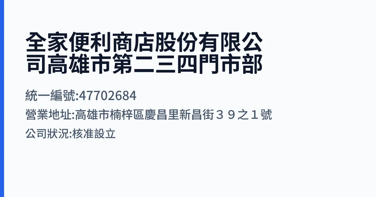 全家便利商店股份有限公司高雄市第二三四門市部 - 統編 47702684(高雄市) 公司登記資料與營業項目詳細圖表