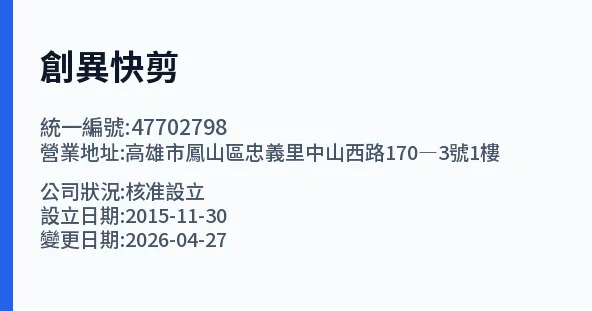 創異快剪的照片-統編 47702798(高雄市) 公司登記資料與營業項目詳細圖表