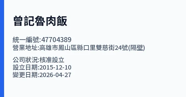 曾記魯肉飯的照片-統編 47704389(高雄市) 公司登記資料與營業項目詳細圖表