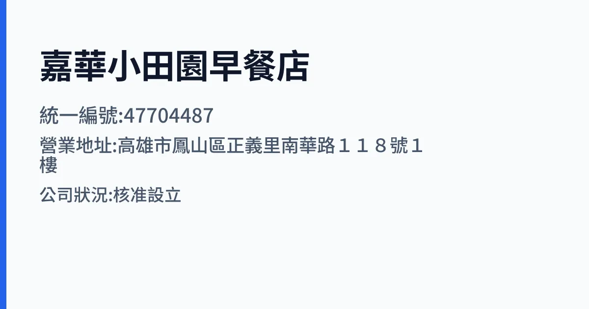 嘉華小田園早餐店 - 統編 47704487(高雄市) 公司登記資料與營業項目詳細圖表