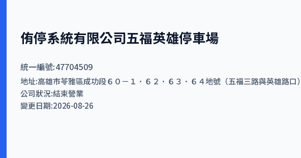 侑停系統有限公司五福英雄停車場的照片-統編 47704509(高雄市) 公司登記資料與營業項目詳細圖表