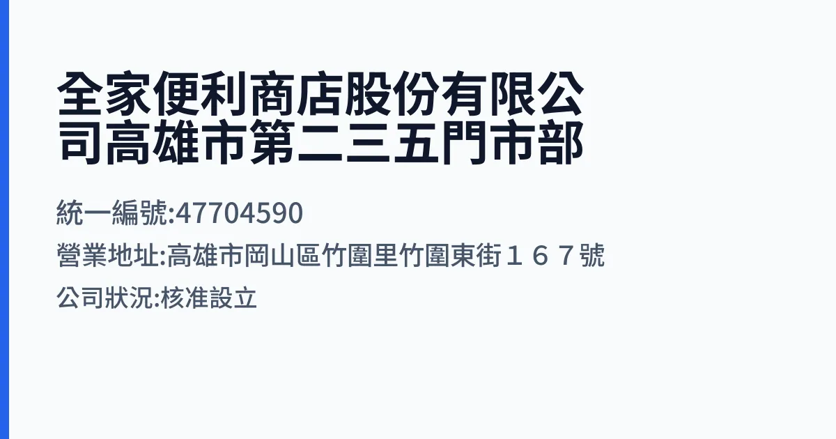 全家便利商店股份有限公司高雄市第二三五門市部 - 統編 47704590(高雄市) 公司登記資料與營業項目詳細圖表