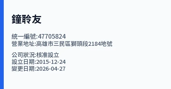 鐘聆友的照片-統編 47705824(高雄市) 公司登記資料與營業項目詳細圖表