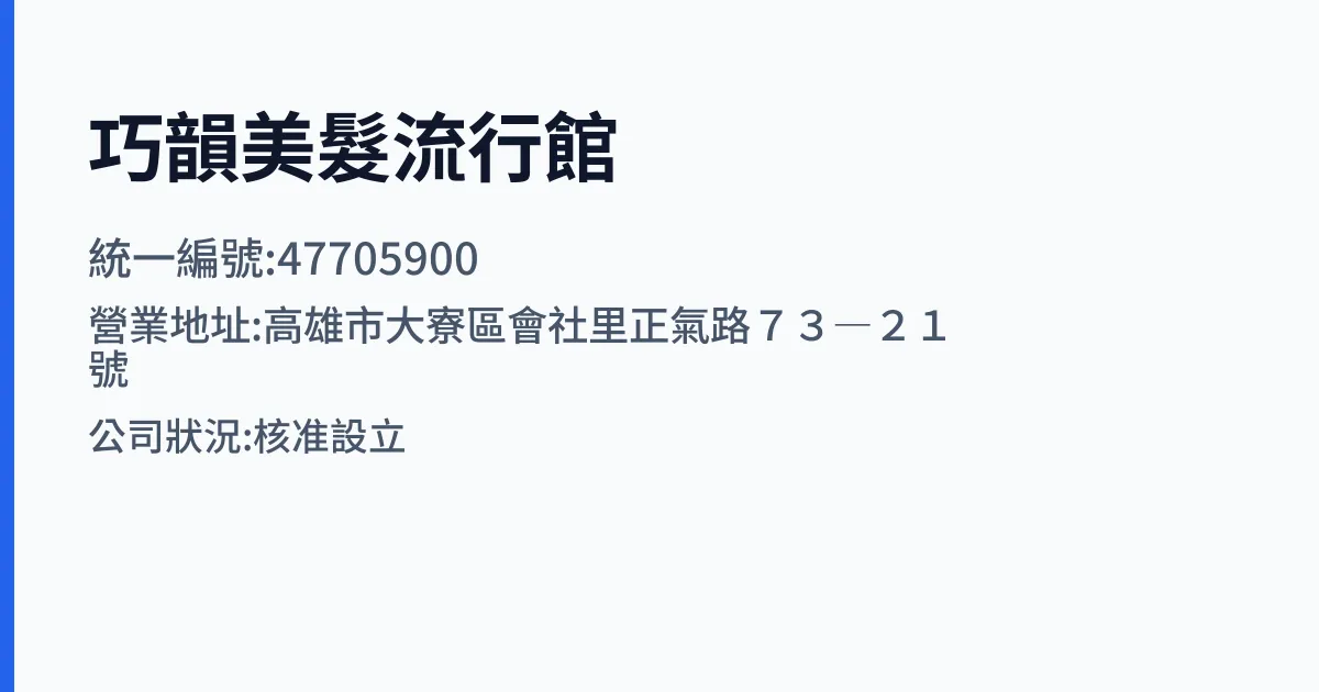 巧韻美髮流行館 - 統編 47705900(高雄市) 公司登記資料與營業項目詳細圖表
