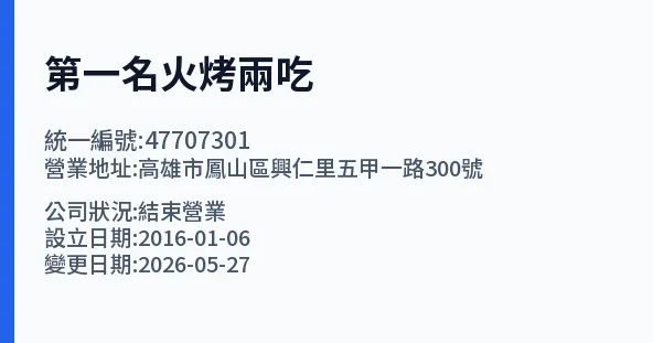 第一名火烤兩吃的照片-統編 47707301(高雄市) 公司登記資料與營業項目詳細圖表