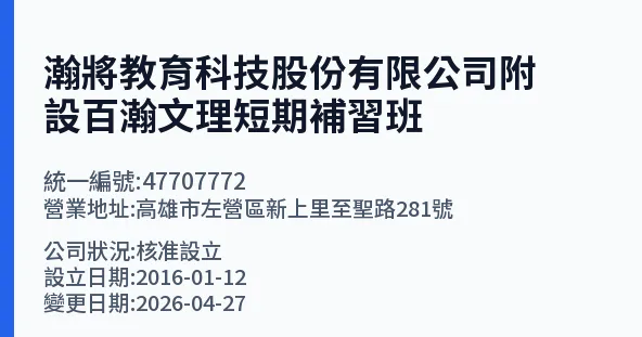 瀚將教育科技股份有限公司附設百瀚文理短期補習班的照片-統編 47707772(高雄市) 公司登記資料與營業項目詳細圖表
