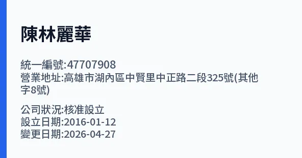 陳林麗華的照片-統編 47707908(高雄市) 公司登記資料與營業項目詳細圖表