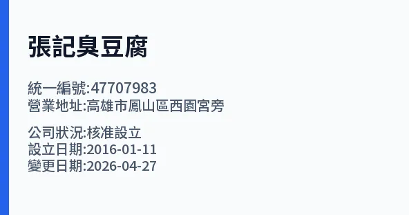 張記臭豆腐的照片-統編 47707983(高雄市) 公司登記資料與營業項目詳細圖表