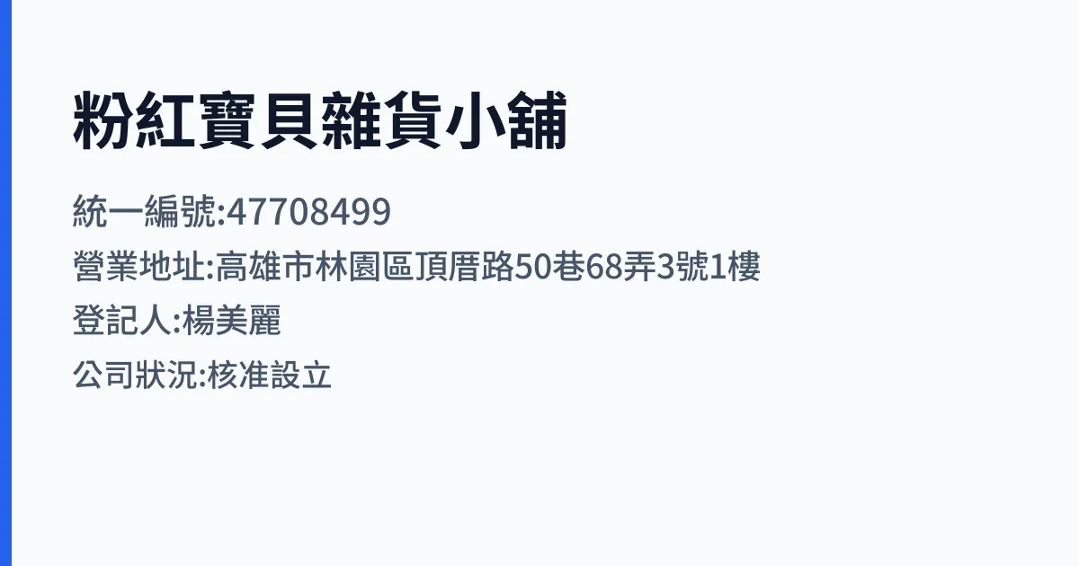 粉紅寶貝雜貨小舖 - 統編 47708499(高雄市) 公司登記資料與營業項目詳細圖表