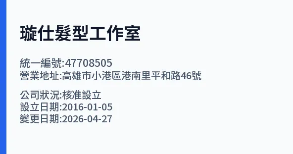 璇仕髮型工作室的照片-統編 47708505(高雄市) 公司登記資料與營業項目詳細圖表