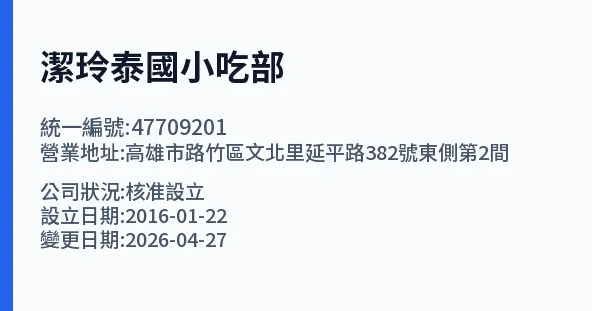 潔玲泰國小吃部的照片-統編 47709201(高雄市) 公司登記資料與營業項目詳細圖表