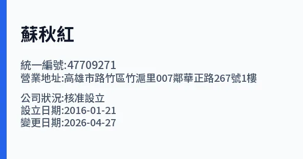 蘇秋紅的照片-統編 47709271(高雄市) 公司登記資料與營業項目詳細圖表
