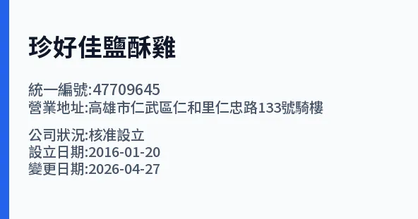 珍好佳鹽酥雞的照片-統編 47709645(高雄市) 公司登記資料與營業項目詳細圖表